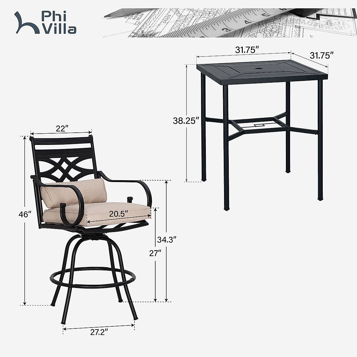 PHI VILLA 5 Piece Patio Bar Set,Outdoor Bar Table and Chairs Set, Strong and Heavy Duty Outdoor Bar Set with Cushion and Pillow，4PC Swivel Bar Stools with Square Bar Height Table