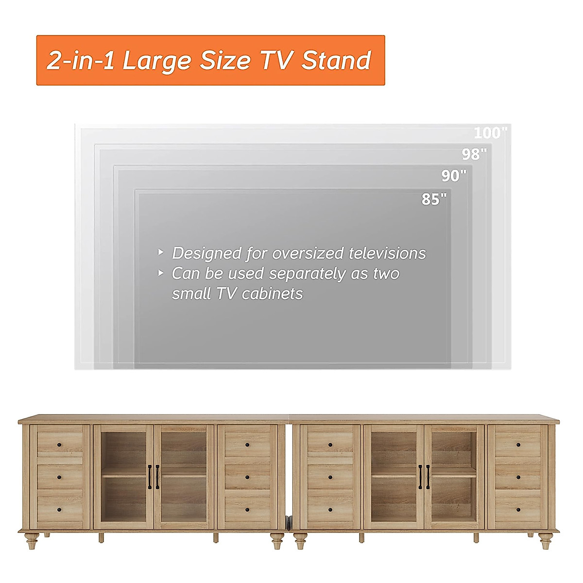 WAMPAT 116'' Farmhouse TV Stand for TVs Up to 110 inch,Glass and Wood Universal TV Stand with Storage Cabinets,White Entertainment Center for 32-110 inch TV Console Table,Oak