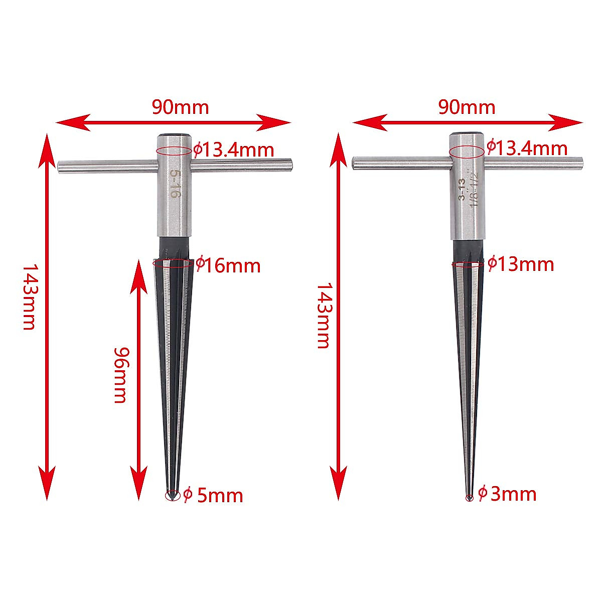 ApplianPar T Shape Handle Taper Reamer 3-13mm and 5-16mm Bridge Pin Hole Hand Held Tapered Reamers 6 Fluted Chamfer Chaser Reaming Tool for Woodworker Guitar Luthier Cutting Pack of 2