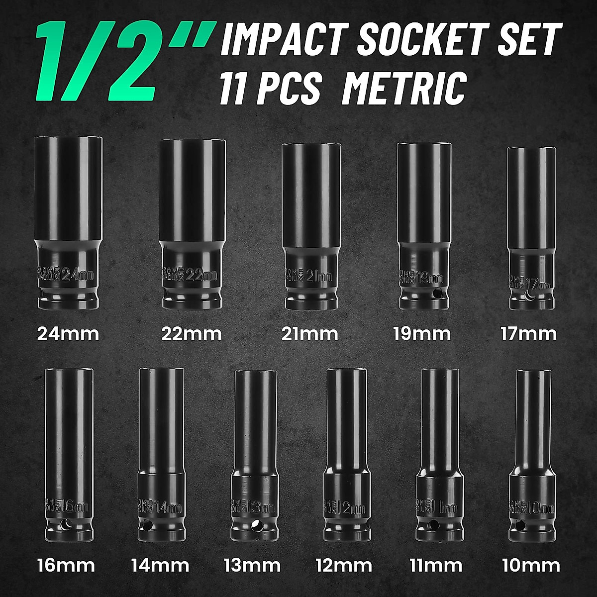 Seesii Professional Socket Set Wrench Kit, 11-Piece Metric 10-11-12-13-14-16-17-19-21-22-24mm, High-Torque C-V Steel Sockets for Automotive, Home Repair & DIY Projects