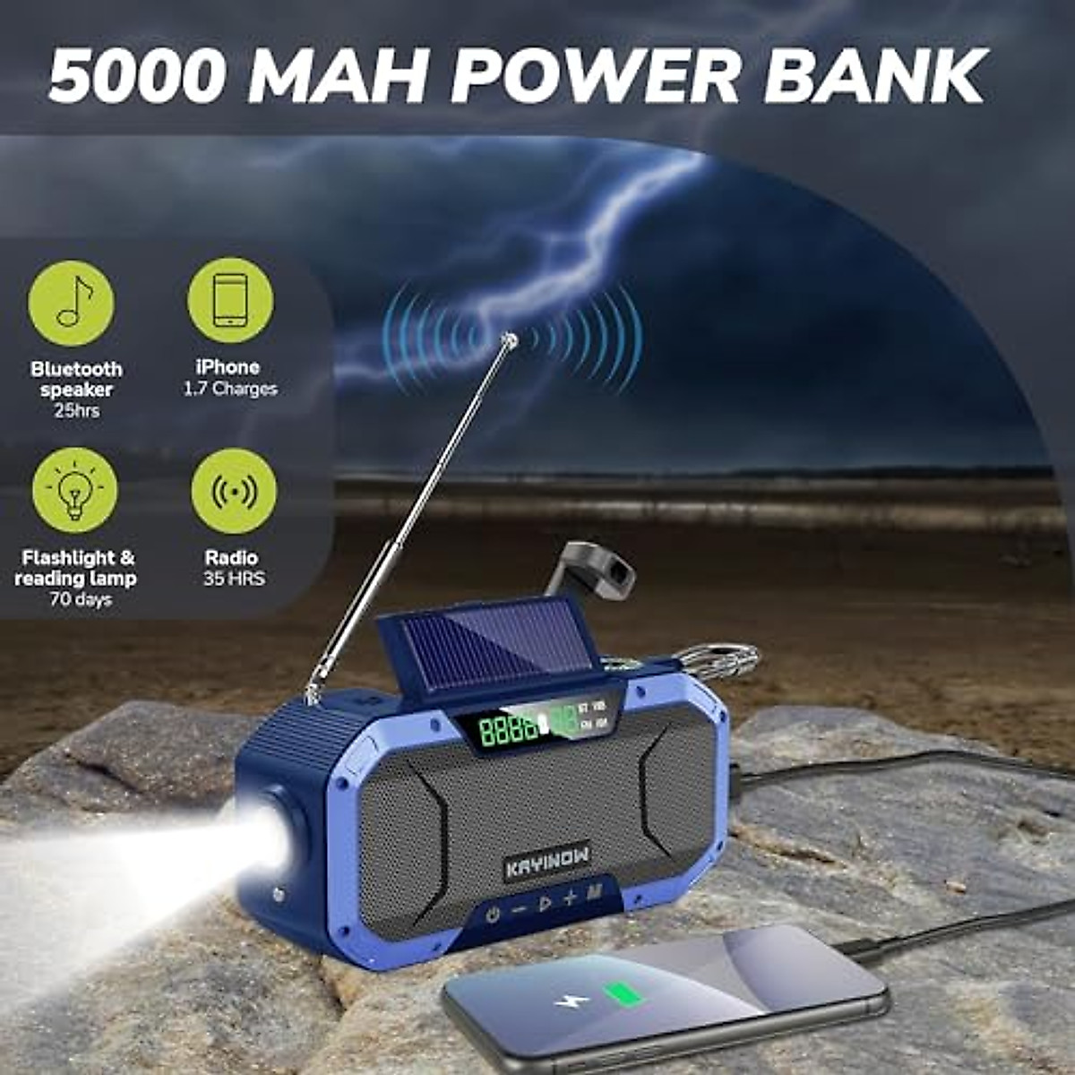 Bluetooth Hand Crank Emergency Radio Solar Power,Portable AM FM Radio Speaker,NOAA Weather Radio Flashlight Phone Charger,5000mAh Battery,SOS,Outdoor Waterproof Survival Wind up Storm Radio