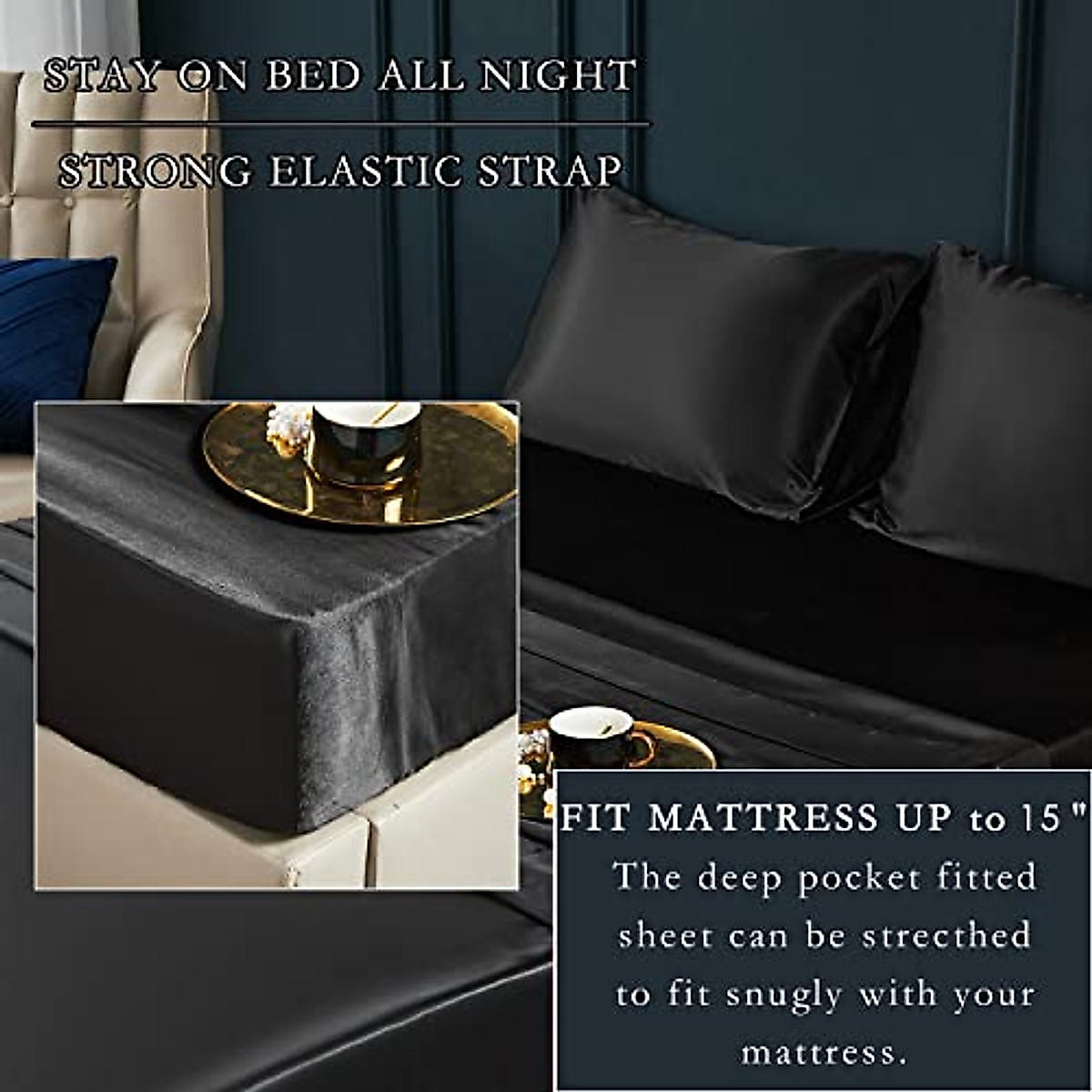 Koreyoshi 4 Pcs Satin Sheets - Luxury Silk Silky Super Soft Extra deep Pocket King Sheet Sets - Wrinkle & Fade Free - Fitted Sheet, Flat Sheet, Pillow Cases (Black, California King)