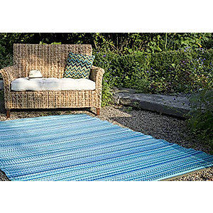 Fab Habitat Outdoor Rug - Waterproof, Fade Resistant, Crease-Free - Premium Recycled Plastic - Striped - Patio, Porch, Deck, Balcony, Sunroom - Cancun - Turquoise & Moss Green - 5 x 8 ft