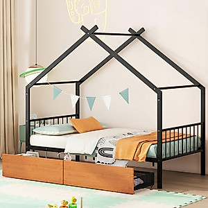 Metal House Bed for Kids, Twin Size Bed Frame with Storage Drawers and Slats, Kids Bed Frame with Headboard and Footboard, Twin Size House Bed for Kids, Girls, Boys(Twin Black)