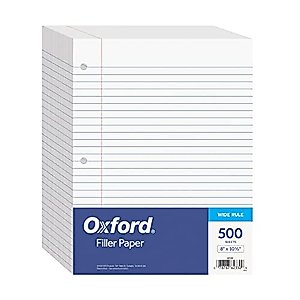 Oxford Filler Paper, 8 x 10-1/2 Inch Wide Ruled Paper, 3 Hole Punch, Loose Leaf Notebook Paper for 3 Ring Binders, 500 sheets (62330), white