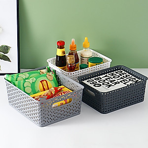 Plastic Storage Baskets 3 Pack, Large Pantry Organization and Storage,Basket Household Organizers,Plastic Baskets with Handles Storage Baskets 13.77"X9.84"X3.74" (Grey Large)