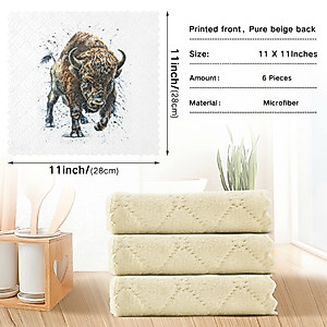 Watercolor Angry Buffalo, Bison, Bull, Wild Animal Paint on White Pack of 6 Pcs Kitchen Dish Towels, Absorbent Soft Dishcloths for Bar cafe Car Table Chair Window Washable Towels 11 x 11 inches