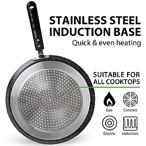 Buecmue 10.5 Inch Nonstick Crepe Pan with Spreader, Granite Coating Skillet Pan for Roti Egg Omelet Tortilla Tawa Dosa, Flat Frying Pan, Induction Compatible PFOA & PTFEs Free