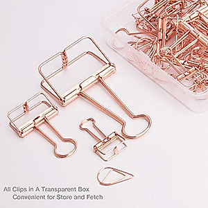 Rose Gold Wire Binder Clips and Cute Paper Clips Set Assorted Sizes, 2 Large 6 Medium 10 Small Smooth Stainless Hollow Office Clamp Clips