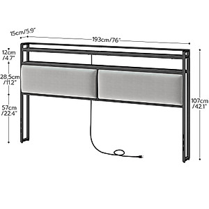 HOOBRO King Size Upholstered Headboard, Storage Headboard with Charging Station and Adjustable LED Lights, 2 Standard Outlets and 2 USB Ports, King Headboard Only, Easy Assembly, Black and Gray