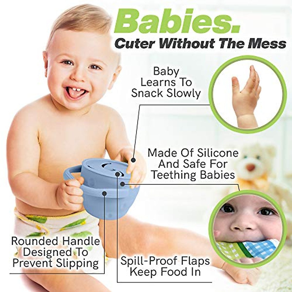 Foldable Snack Cup for Toddlers and Babies - Non-Spill Snack Container for Toddlers Made of Food-Grade Silicone - BPA and Phthalates-Free Baby Snack Container with Lid (Blue)