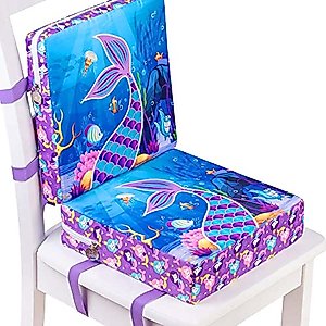 2PCS Toddler Booster Seat for Dining Table, Chair Increasing Cushion for Baby Kids, Washable Thick Chair Seat Pad Mat Strap, Portable Dismountable Adjustable Highchair Booster - Mermaid