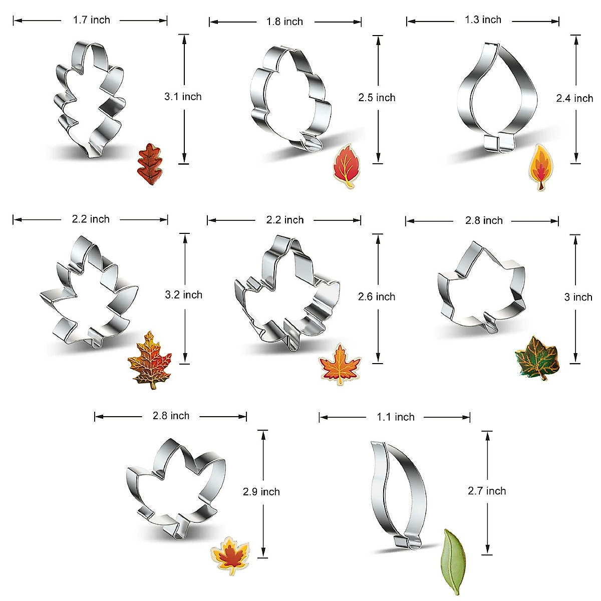 Fall Leaves 8-Piece Leaf Cookie Cutter Set - Maple Leaf, Oak Leaf, Teardrop Leaf Cookie Cutters Shapes Biscuit Fondant Molds for Fall Autumn Thanksgiving Christmas Birthday Wedding Party Decorations