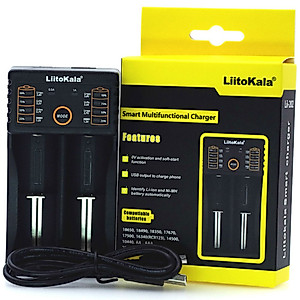 2-Bay USB Smart 18650 Battery Charger，Smart Multifunctional Battery Charger for 18650 26650 14500 16340 10440 RCR123,3.2V LiFePO4,1.2V Ni-MH Ni-Cd AA with 2 LED Indicators