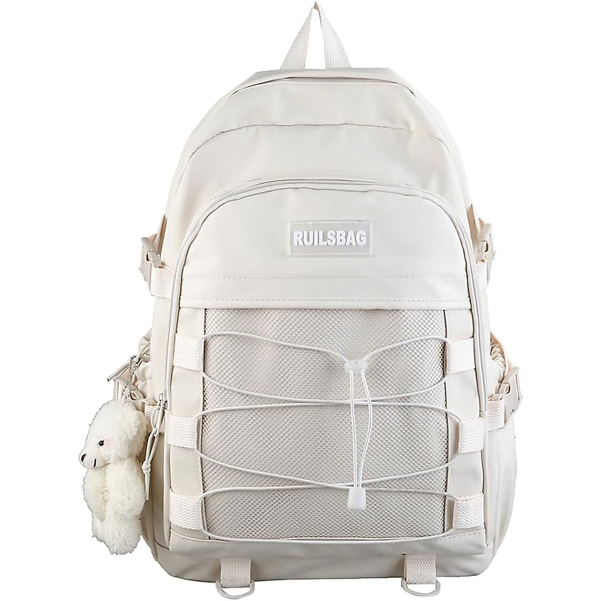 JIESIHAO Aesthetic Laptop Backpack Lightweight High-Capacity Nylon Travel Daypack for Women Cute Kawaii College Backpack with Bear Pendant (A01-Beige-bear Pendant)