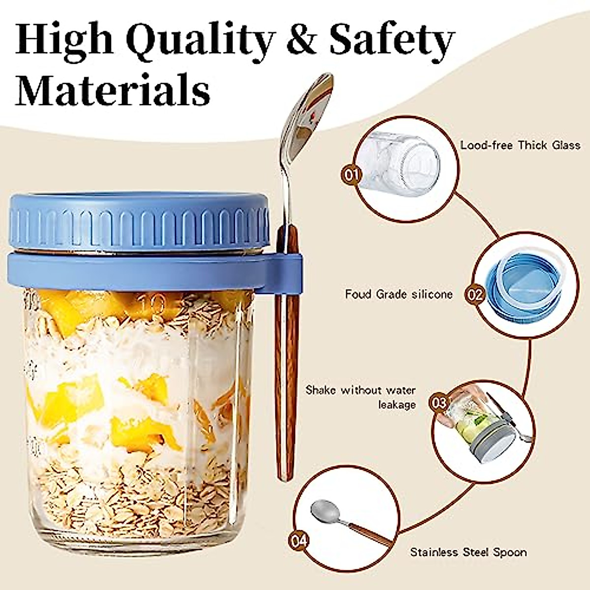 Overnight Oats Containers with Lids and Spoon 16 oz [4 Pack] Large Airtight Overnight Oats Jars Oatmeal Container with Measurement Marks, Glass Mason Jars for Yogurt, Chia Seed Pudding, Cereal, Milk,