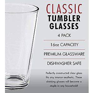 Clear Glass Beer Cups – 4 Pack – All Purpose Drinking Tumblers, 16 oz – Elegant Design for Home and Kitchen – Lead and BPA Free, Great for Restaurants, Bars, Parties – by Kitchen Lux