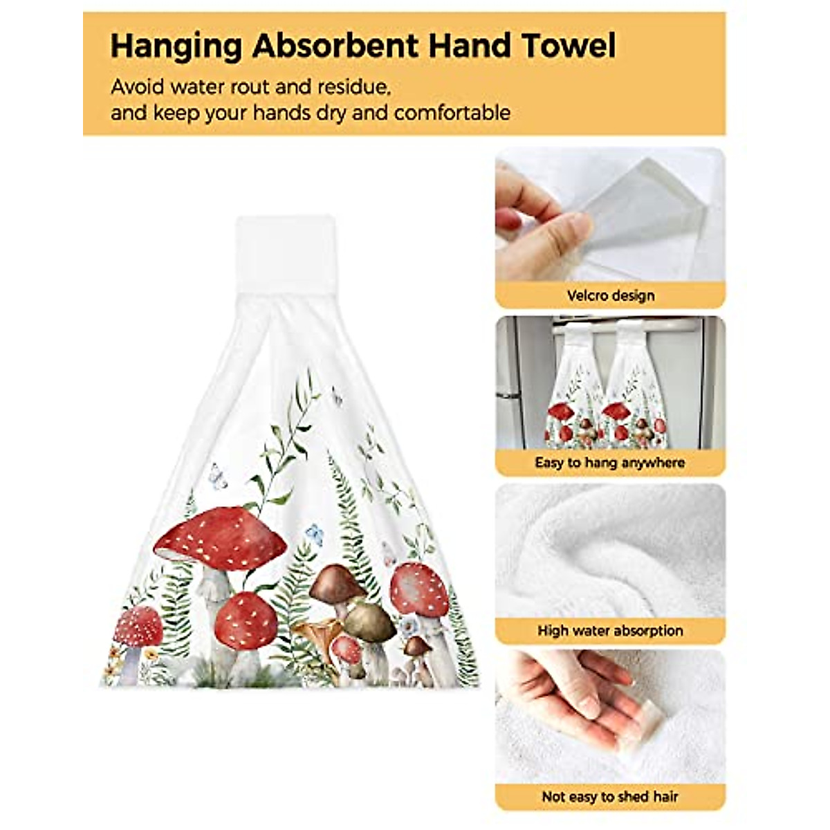 LBDOMOV Mushroom Kitchen Hand Towel,Soft Hanging Dish Towels with Loop,Bohomia Botanical Floral Wildflowers Green Leaves Butterflies Absorbent Drying Cleaning Cloth Dishclothes Decorative Sets,2-PC
