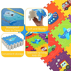 PLAY 10 Baby Play Mat, Foam Playmat for Babies, Kids Play Mat, Foam Floor Tiles 34×34 9 Pieces Vehicle Puzzle Mat