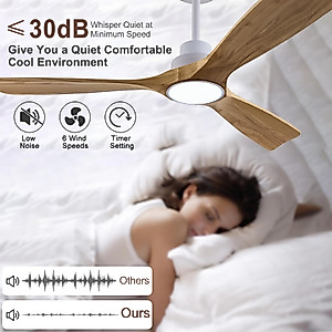 QUTWOB 52" Wood Ceiling Fan with Lights Remote Control,Quiet DC Motor 3 Blade Ceiling Fans for Patio Living Room, Bedroom, Office,Indoor Outdoor(Raw wood+White)