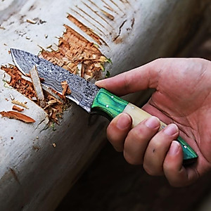 ADAM KNIVES Fixed Blade Damascus Steel Hunting Knife With Leather Sheath, 9'' Full Tang Skinning, Non-Slip Wooden Handle, Camping (Green Wood)