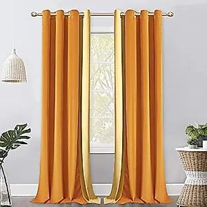 JYXIUBS Velvet Curtains 95 Inches Long, Velvet Blackout Curtains with Color Block Room Darkening Window Curtains for Bedroom Living Room, 2 Panels 52 x 95 Inch, Orange and Camel