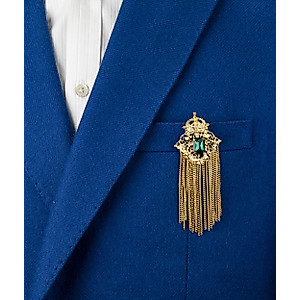 Knighthood Brooch Pin Crowned Green Stone with Abstract Work and Hanging Chain Lapel Pin Accessories for Men Women