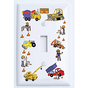 Nylon Construction Single Toggle Light Switch Wall Plates with Bulldozers, Tractors, Cement Truck, Steamroller, Crane, and Dump Truck Childrens Wall Decor. (Single Toggle)