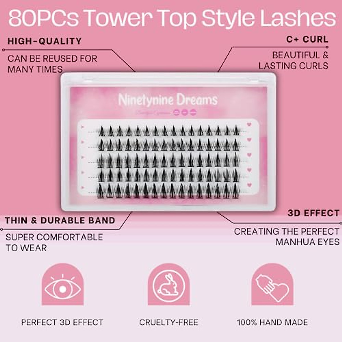 Ninetynine Dreams Tower Top Style Individual Manga Manhua Anime Lash Extensions (9-13mm) C Curl Reusable False Eyelash Soft & Lightweight Volume Lash Clusters
