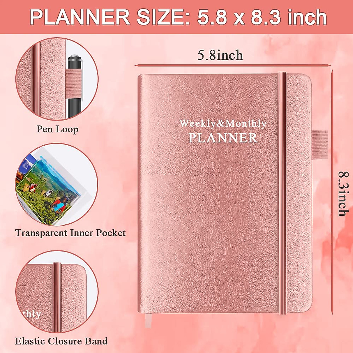Hardcover Undated Planner for Any Year - Weekly & Monthly Planner & Journal to Track Goals, Perfect to Organize Your Daily Life, 5.85" x 8.25", Rose