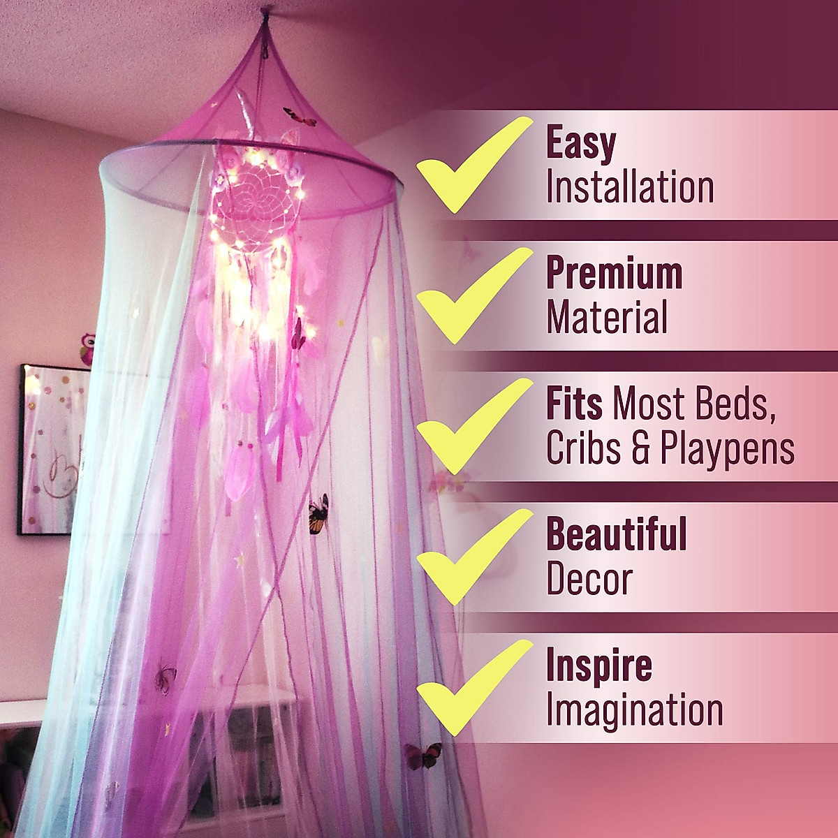 Kenyon Creek Rainbow Princess Bed Canopy with Lights for Girls Room, Unicorn Dream Catcher