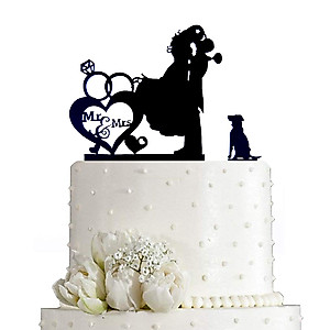 Wedding Couple Kiss, Mr&Mrs Heart Diamond Ring Cake Topper, Bride and Groom with Dog Silhouette Cake Topper (Black)