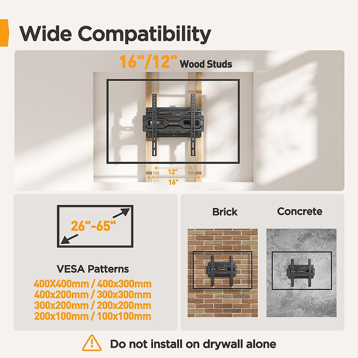 Perlegear Full Motion TV Wall Mount Bracket Swivel Articulating Extension Tilt Arms for 26-65 inch Flat Curved TVs, Max VESA 400x400mm up to 99lbs,16" Wood Studs,PGMFK4