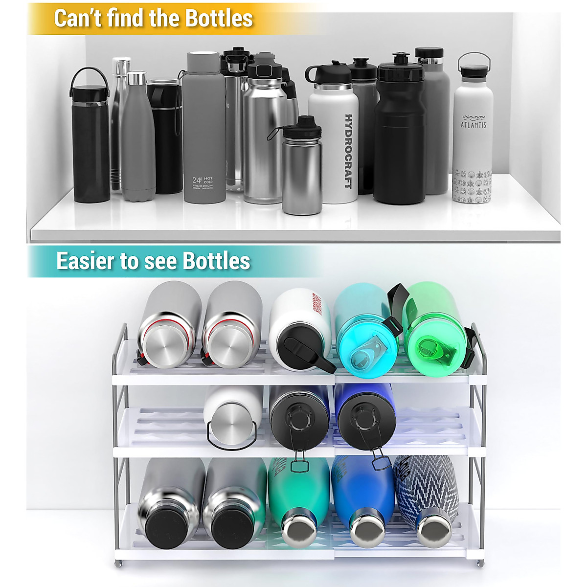 YAN & HIN 15 Bottles Cabinet Organizer Extendable Kitchen Cabinet Organizer with Adjustable Height, 3-Tier Water Bottle Holder, Pantry Pantry Organizers Cup Rack for Cabinet