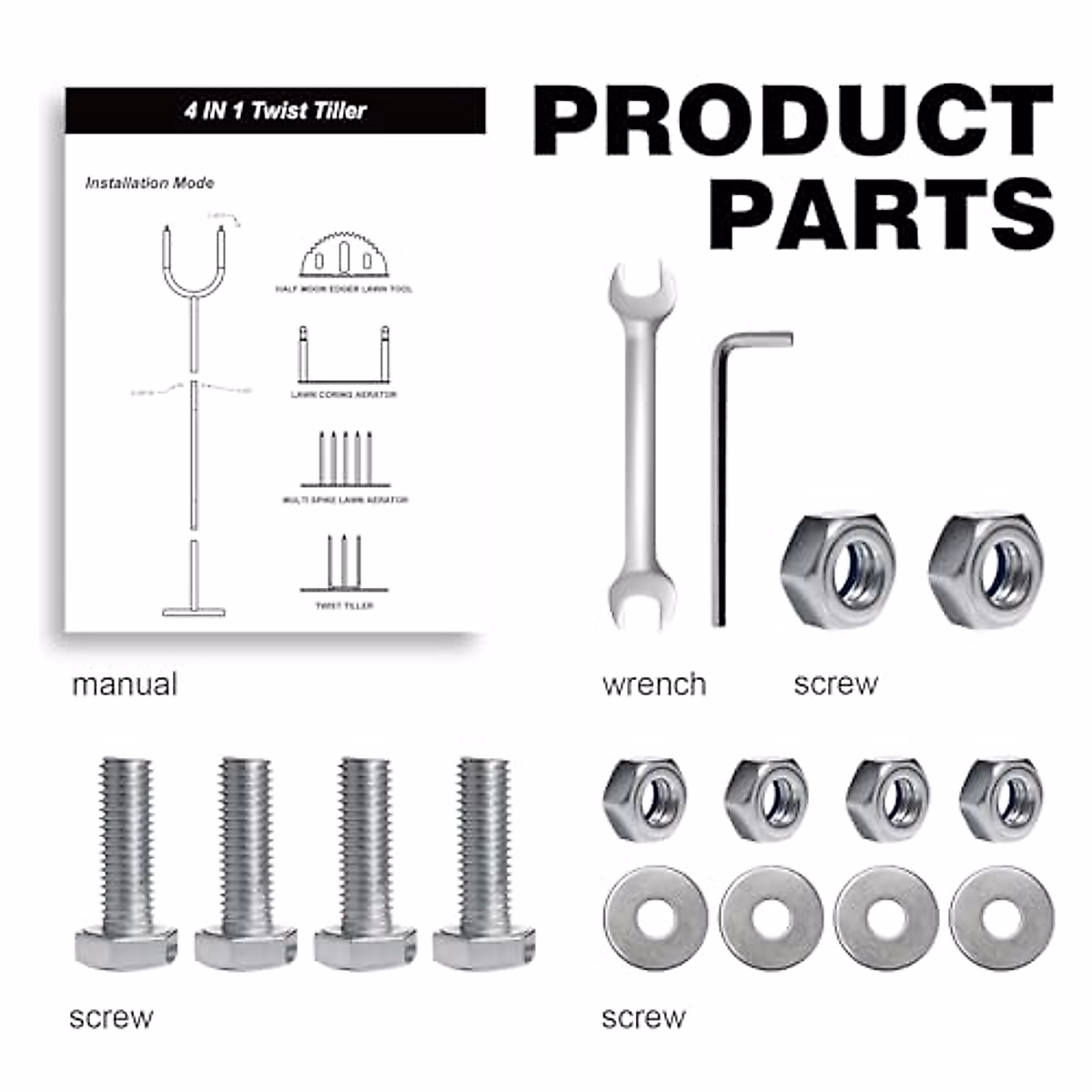 Evcitn 4 in 1 Lawn Aerator – Manual Plug Coring Aerator, Spike Aeration with Inches Iron Tines, Twist Tiller Claw Cultivator, Half Moon Lawn Edger for Flower Box, Sidewalks,Garden,Lawn…