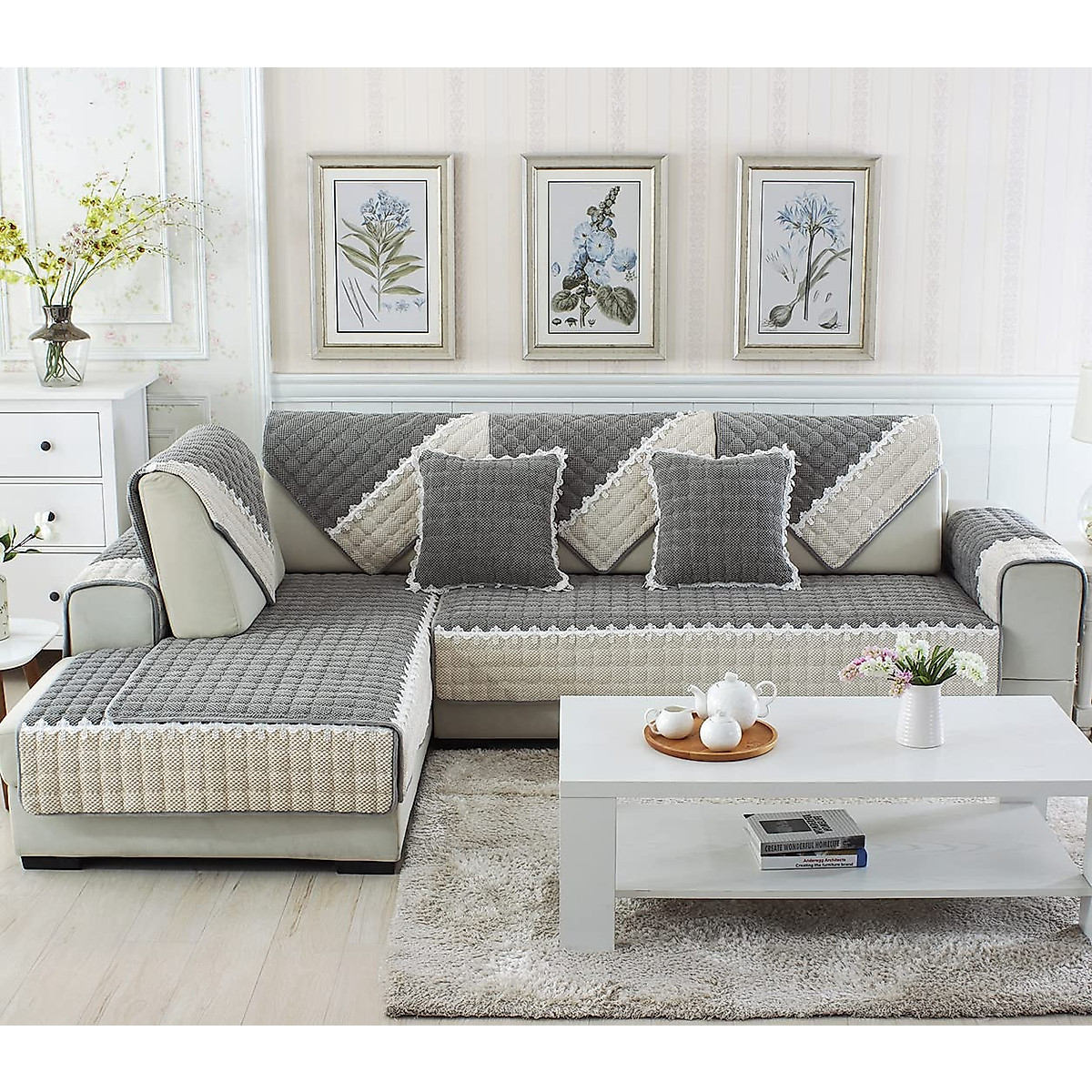 vctops Soft Corduroy Sofa Couch Cover, Plaid Sectional Couch Covers, Non-Slip Sofa Slipcover for Dogs Cats Kids(Light Grey,28"x28")