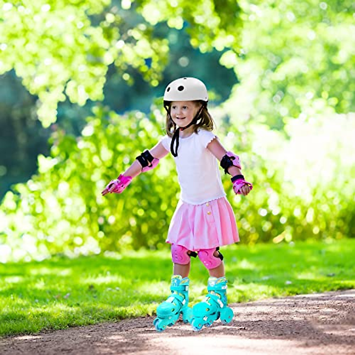 MammyGol Roller Skates for Girls Kids, 4 Size Adjustable Rainbow Quad Skates with All Light Up Wheels for Toddlers Boys Outdoor Indoor