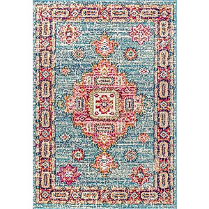 JONATHAN Y BMF100A-8 Bohemian Flair Boho Vintage Traditional Medallion Indoor Area-Rug Floral Easy-Cleaning High Traffic Bedroom Kitchen Living Room Non Shedding, 8 ft x 10 ft, Blue/Red