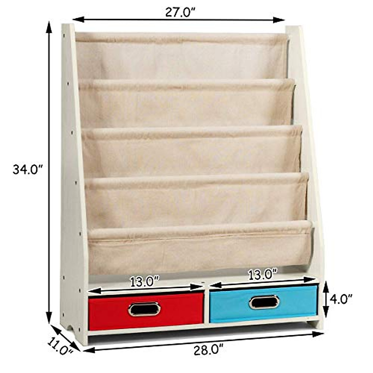 Costzon Kids Bookshelf, Wooden 4 Sling Book Shelves with 2 Pull-Out Toy Storage Boxes, Classroom Display Book Rack Organizer Furniture for Toddlers Kids Room, Nursery, Bedroom (Beige)