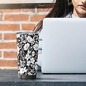 QWEUIOP 20oz Insulated Travel Coffee Mug Hand Drawn White Flowers Stainless Steel Tumbler with Lid Double Wall Vacuum Coffee Cup For Hot and Cold Drinks14494