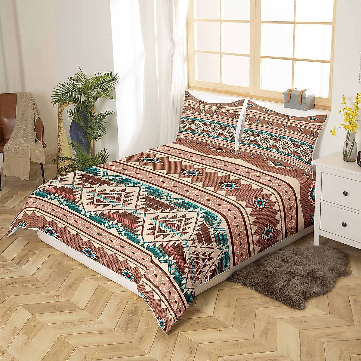 Western Bedding Sets Queen,Aztec Comforter Cover,Exotic Nordic Style Bohemian Duvet Cover Indian Tribe Geometry Ethnic Tribal Arrow Bed Set,Retro Geometric Triangle Diamond Boho Decor,Beige Brown