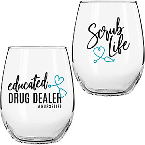 Nurse Gifts For Women Funny Wine Glass 2 Pc Set - 17 Oz Stemless Wine Glass - Funny Nurse Practitioner Gifts RN Nurses NICU Nurses and Student in Nursing School - Great for Coworker Appreciation Gift