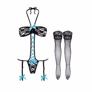 EROMATE Black Lace Garter Belt for Women Halter Women Lingerie Fishnet Stocking