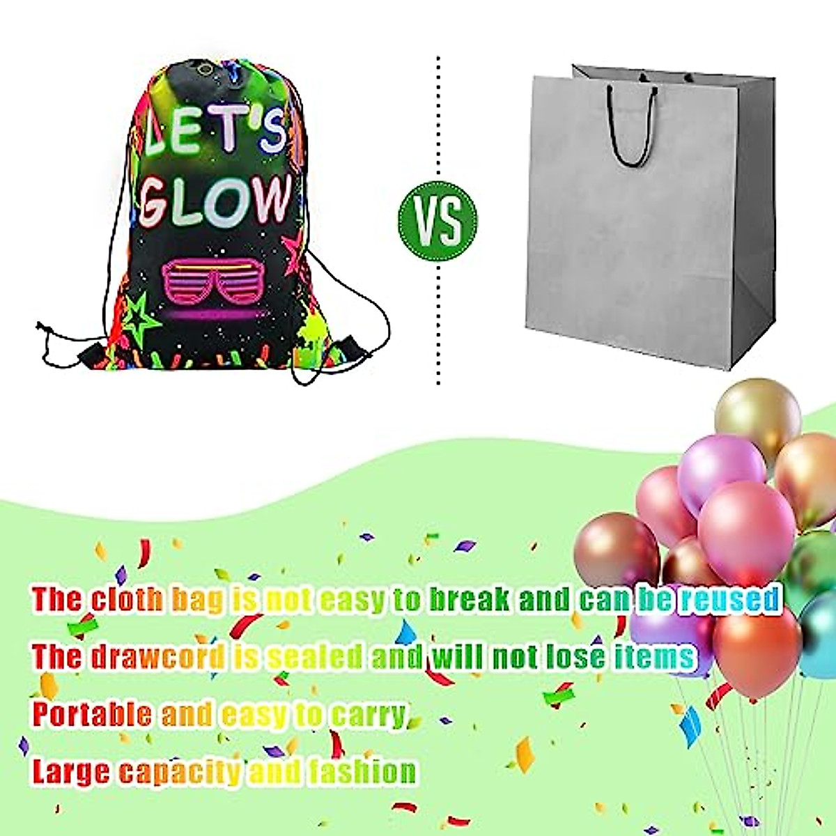 20 Pcs Let's Glow Drawstring Bags Glow Party Supplies Favor Bags Neon Party Gift Bags Glow in Dark Party Drawstring Gift Bags Drawstring Pouch for Birthday Party Decorations