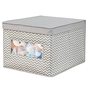 mDesign Large Soft Stackable Fabric Baby Nursery Storage Organizer Holder Bin Box with Front Window/Lid for Child/Kids Bedroom, Playroom, Classroom, Spira Collection, 4 Pack, Taupe/Natural
