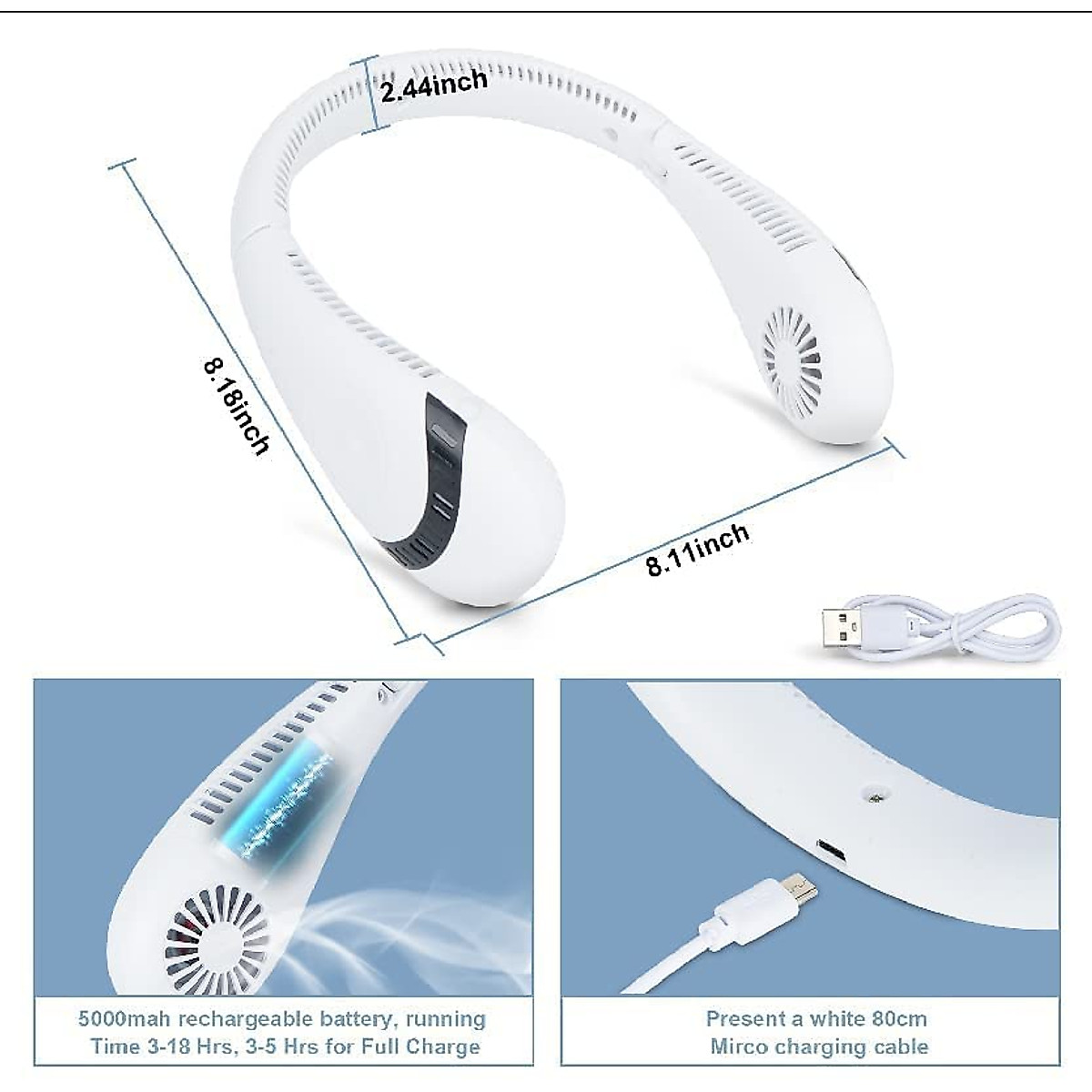 lightlux Neck Fan Portable 3-Speed Adjustable Cooling Super Quiet Personal Neck Fans Air Conditioner for men women Outdoor Traveling(folding-white)