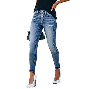 Allimy Women's High Waist Skinny Stretch Ripped Jeans Destroyed Denim Pants 12