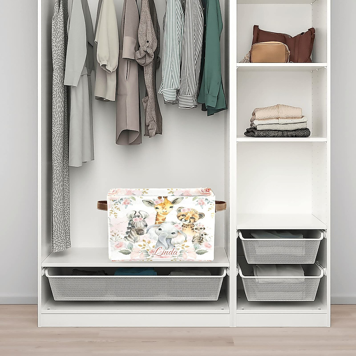 Safari Animals Floral Personalized Storage Bins Basket Cubic Organizer with Durable Handle for Shelves Wardrobe Nursery Toy 1 Pack