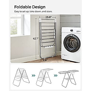 SONGMICS Clothes Drying Rack, with Sock Clips, Metal Laundry Rack, Foldable, Space-Saving, Free-Standing Airer, with Height-Adjustable Gullwings, Indoor Outdoor Use, Silver and White ULLR052W01