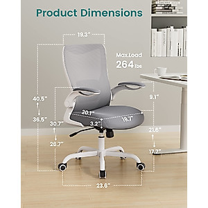 MUXX.STIL Office Chair, Ergonomic Desk Chair with Adjustable Lumbar Support and Flip up Armrest, Breathable Mesh Computer Chair for Home Office, Gray